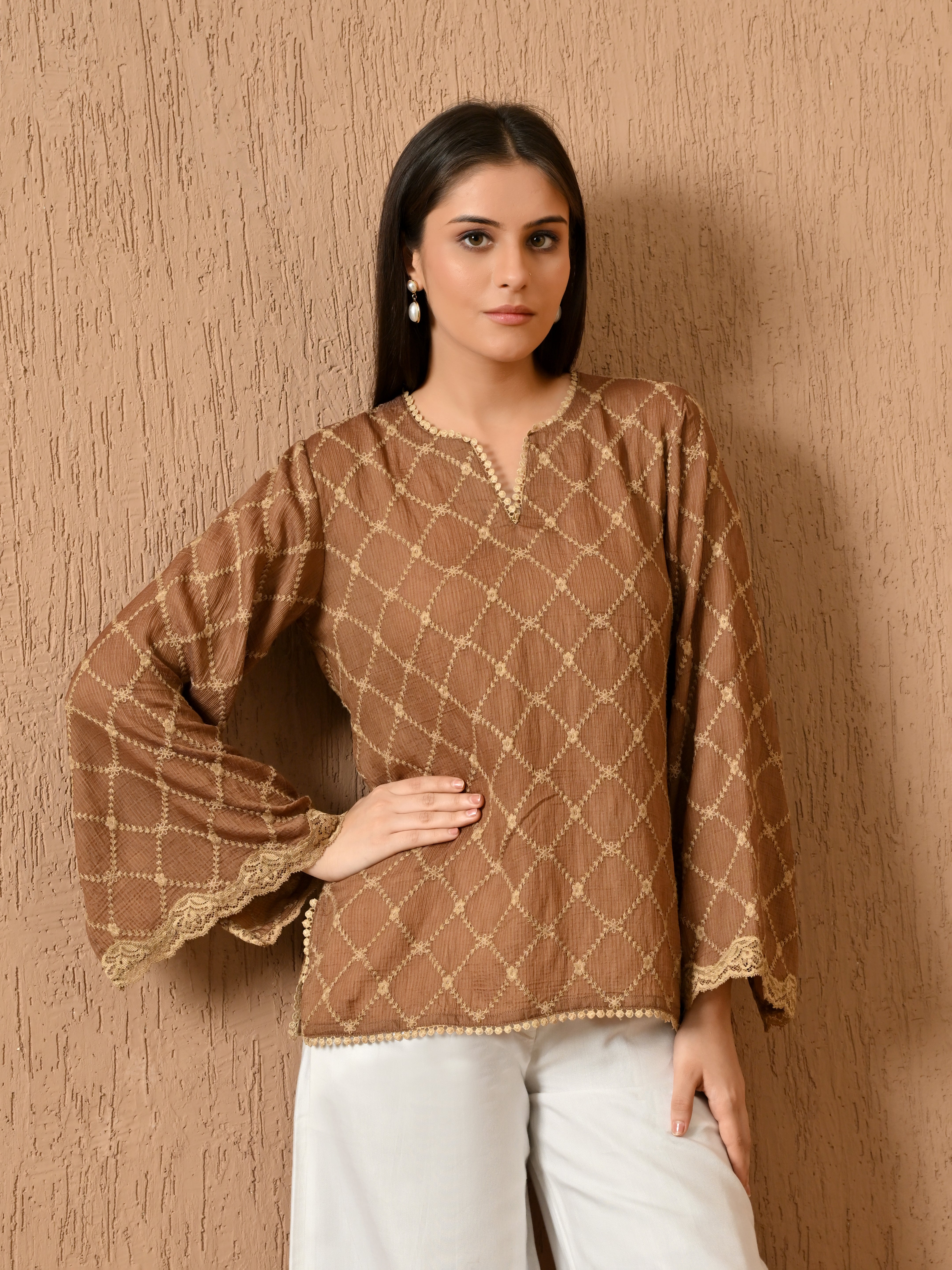 Esti Loose Fit Embroidered Short Kurti (Metallic Bronze) – Kelin